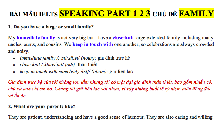 Bài Mẫu IELTS Speaking Topic Family - IELTS Thanh Loan